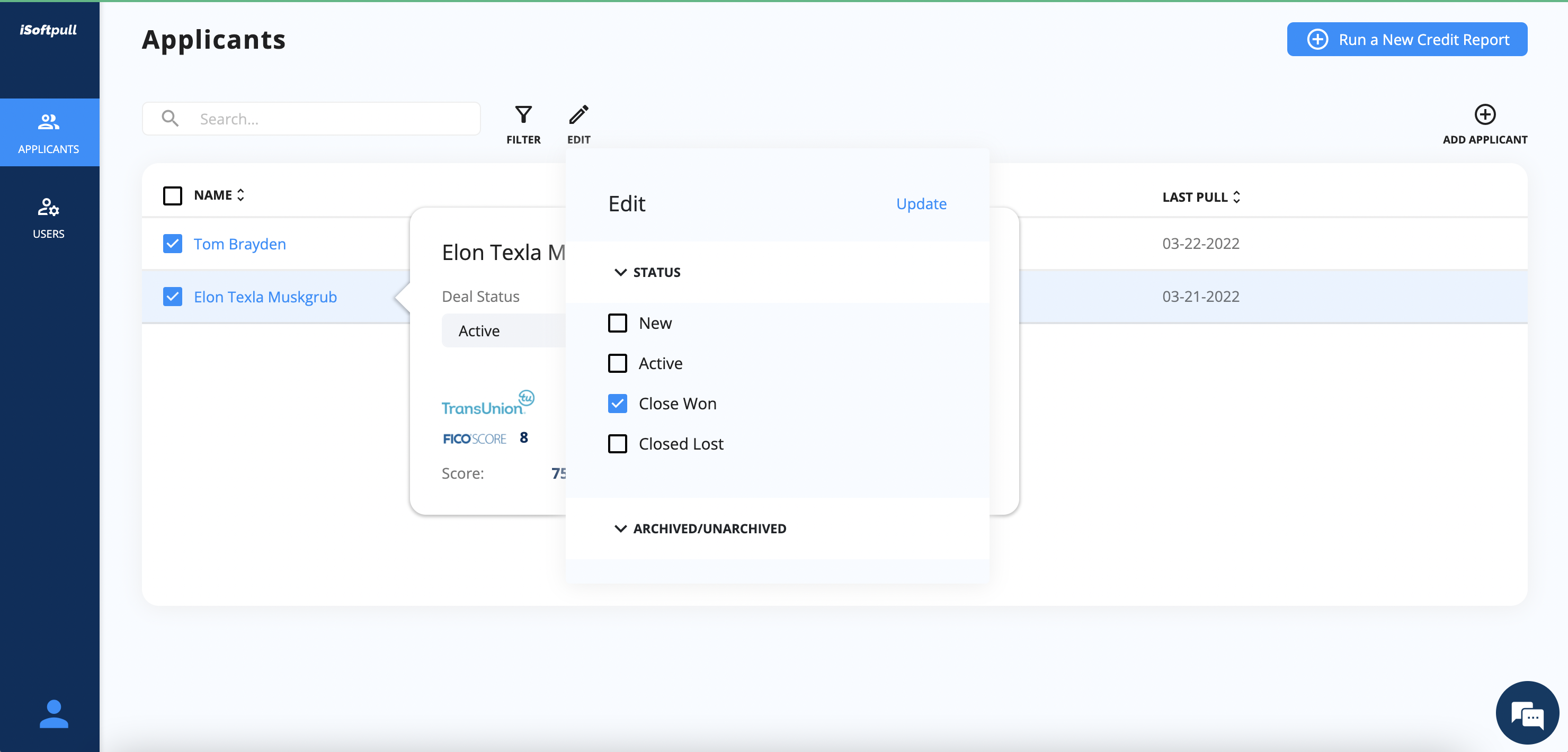 Editing Applicant Status | iSoftpull | Credit Reporting Software